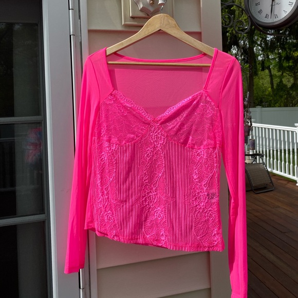Tops | Boutique Lace Neon Pink Blouse | Poshmark